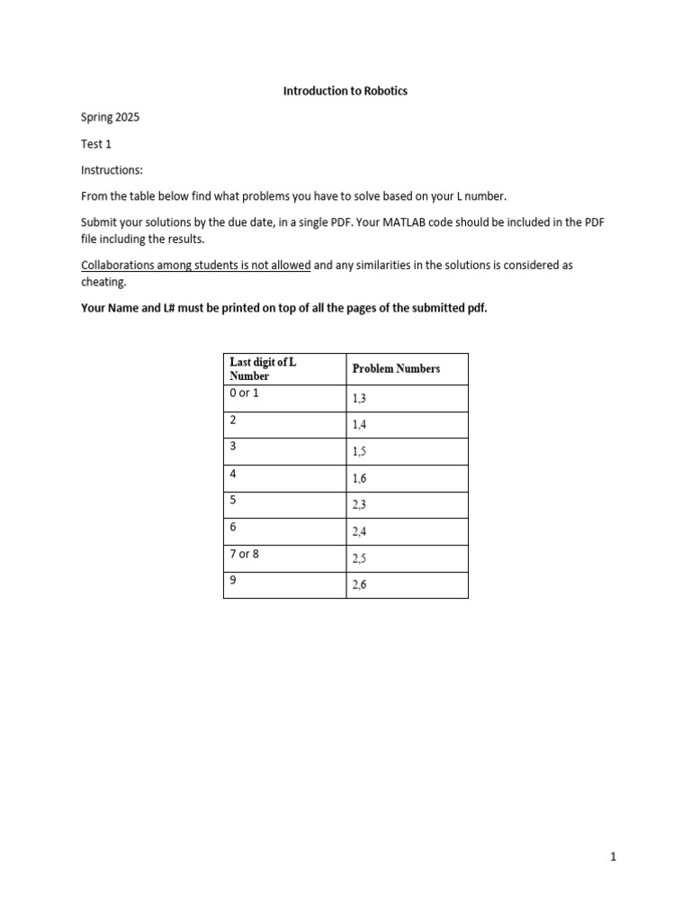 Robotics Spring 2025 Exam 1 | PDF | Kinematics | Matlab