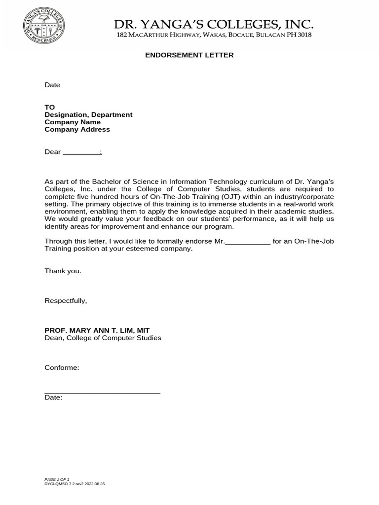 Endorsement Letter Template | PDF