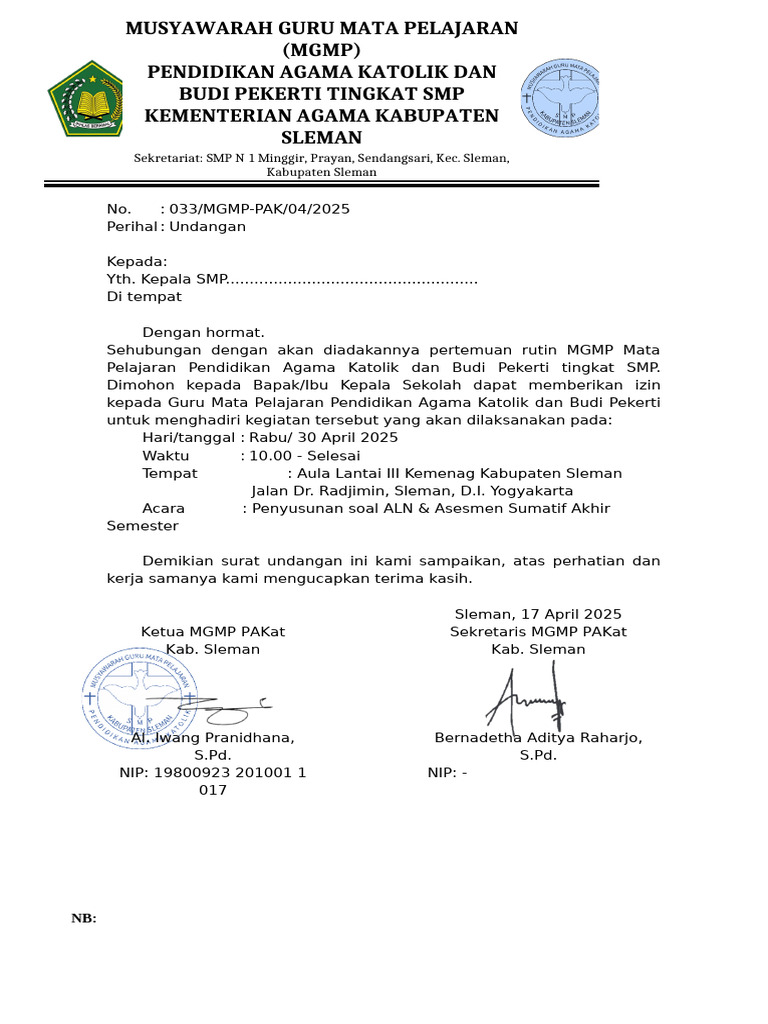 Undangan MGMP PAKat SMP Sleman 2025 | PDF