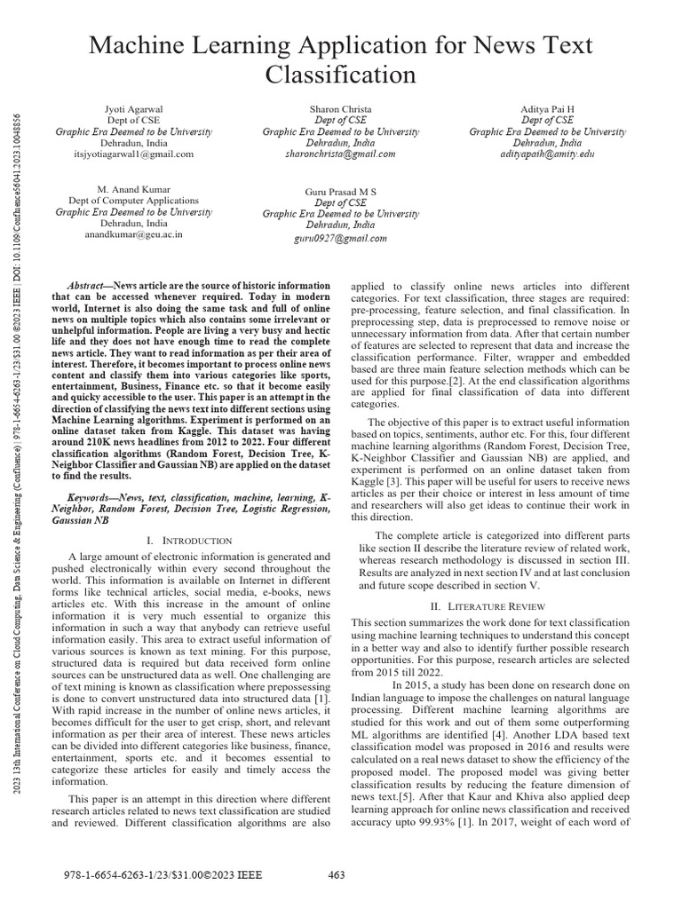 Machine Learning Application For News Text Classification | PDF | Learning | Computer Science