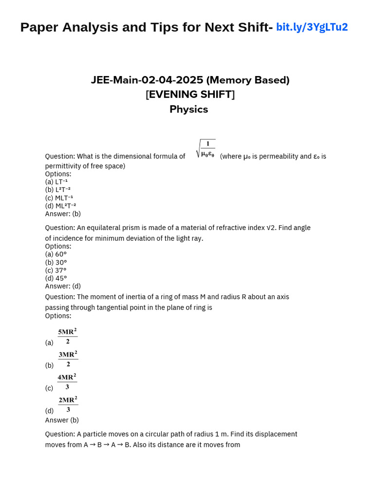 JEE Main 2025 2nd Paper With Solutions FREE PDF | PDF | Waves | Mass