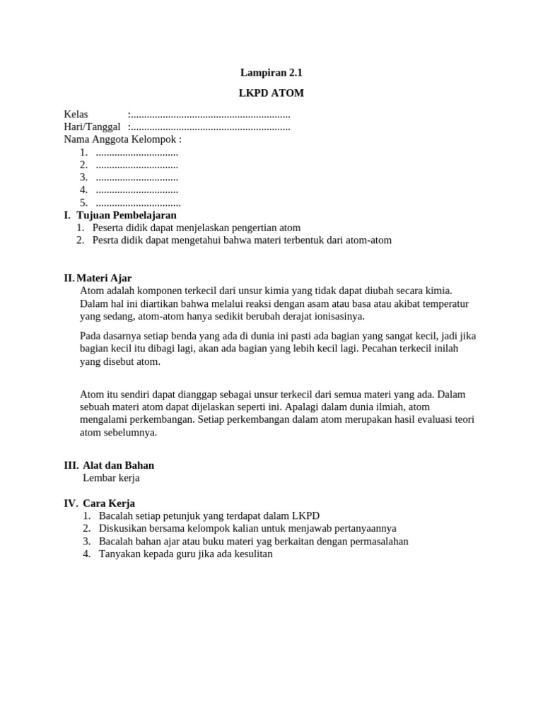 Lampiran.2.1 LKPD Atom | PDF