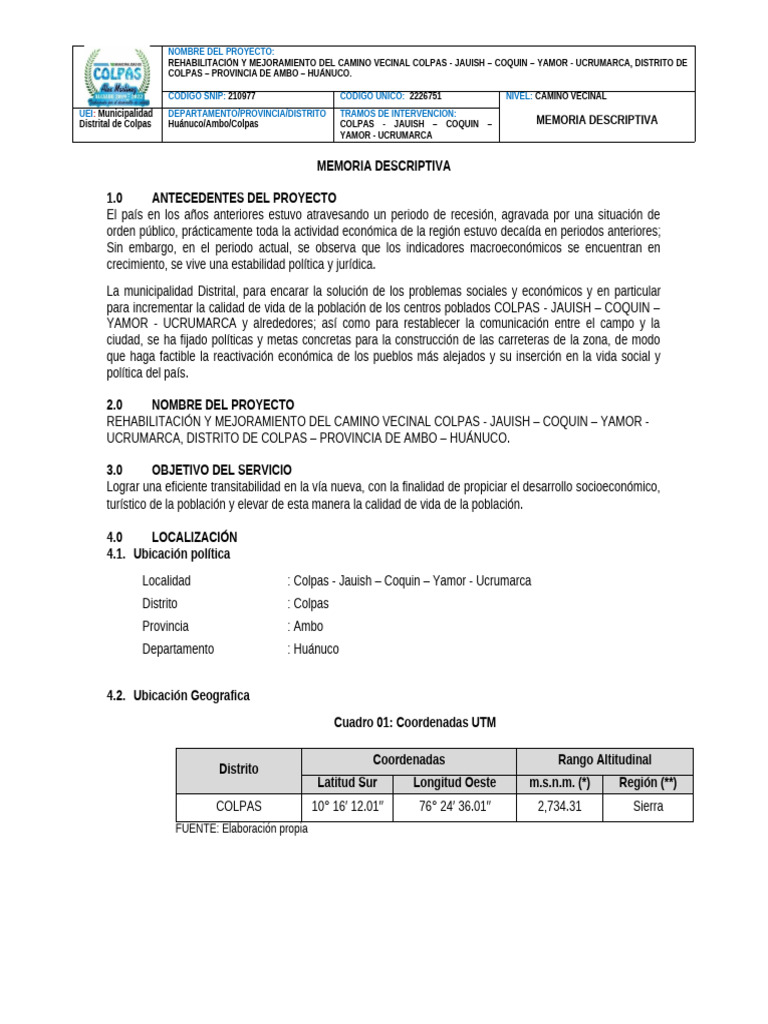 Rehabilitación Camino Colpas-Jauish-Yamor | PDF | Topografía | La carretera