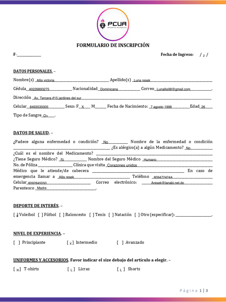 FORMULARIO DE INSCRIPCIÓN ADULTOS Y ACUERDO - PCVA Edit. | PDF