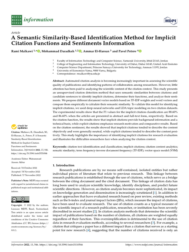 A Semantic Similarity-Based Identification Method for Implicit Citation Functions and Sentiments ...