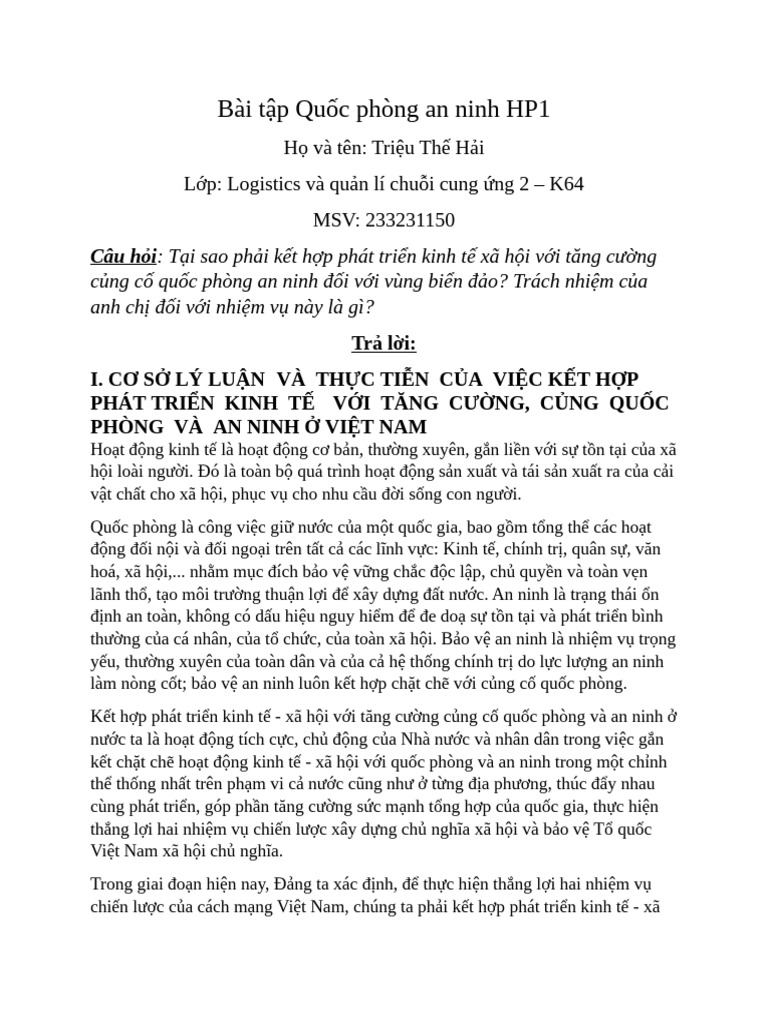 Bài Tập Quốc Phòng an Ninh HP1.1 | PDF