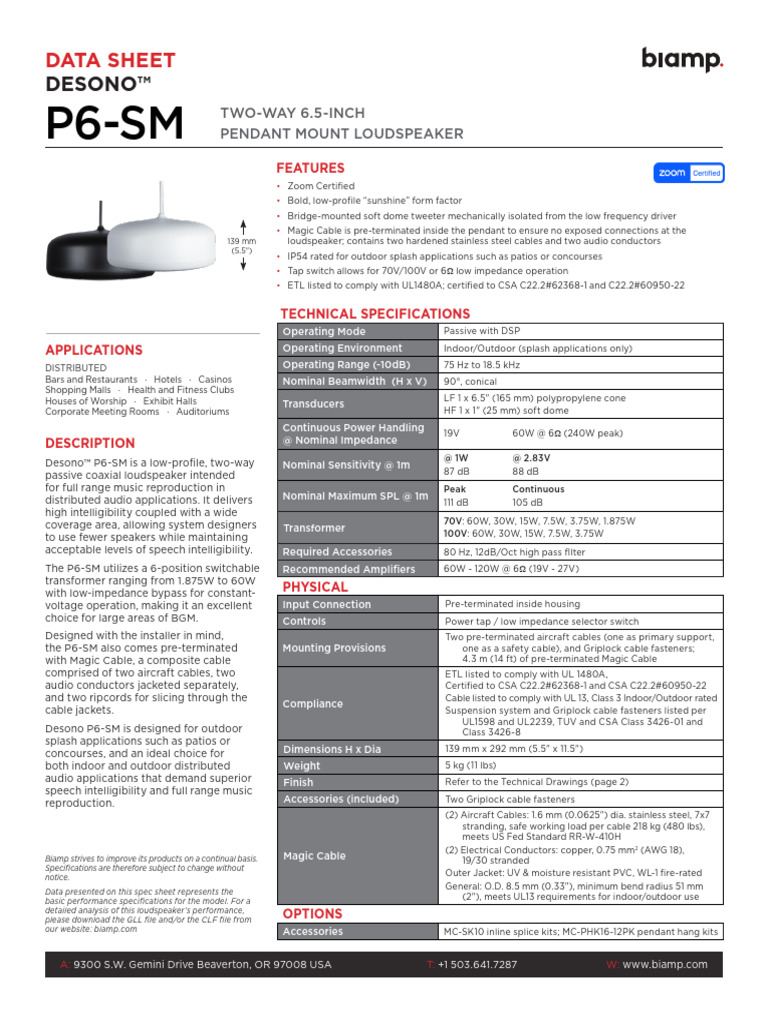 Biamp Data Sheet Desono p6-sm Sep23 2263 | PDF | Loudspeaker | Computer Engineering