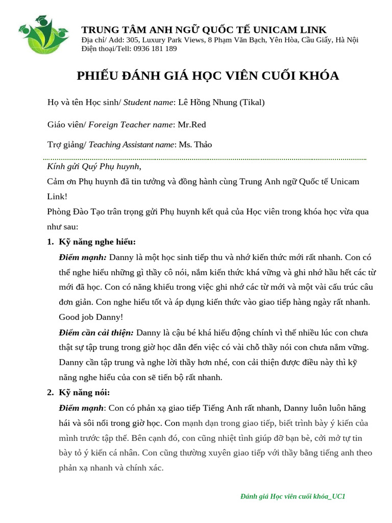 Đánh Giá HV Cuối Khóa - Danny UC1 | PDF