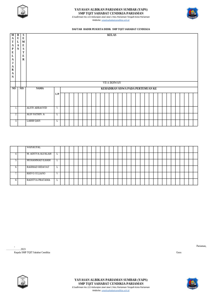 Daftar Hadir Kelas 7 Ikhwan Ta 2023-2024 | PDF