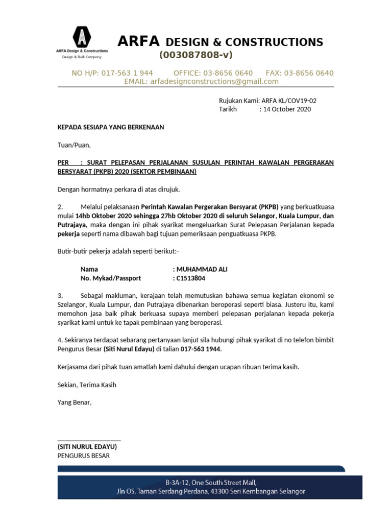 Surat Pelepasan Perjalanan Arfa - MUHAMMAD ALI (PKPB) | PDF