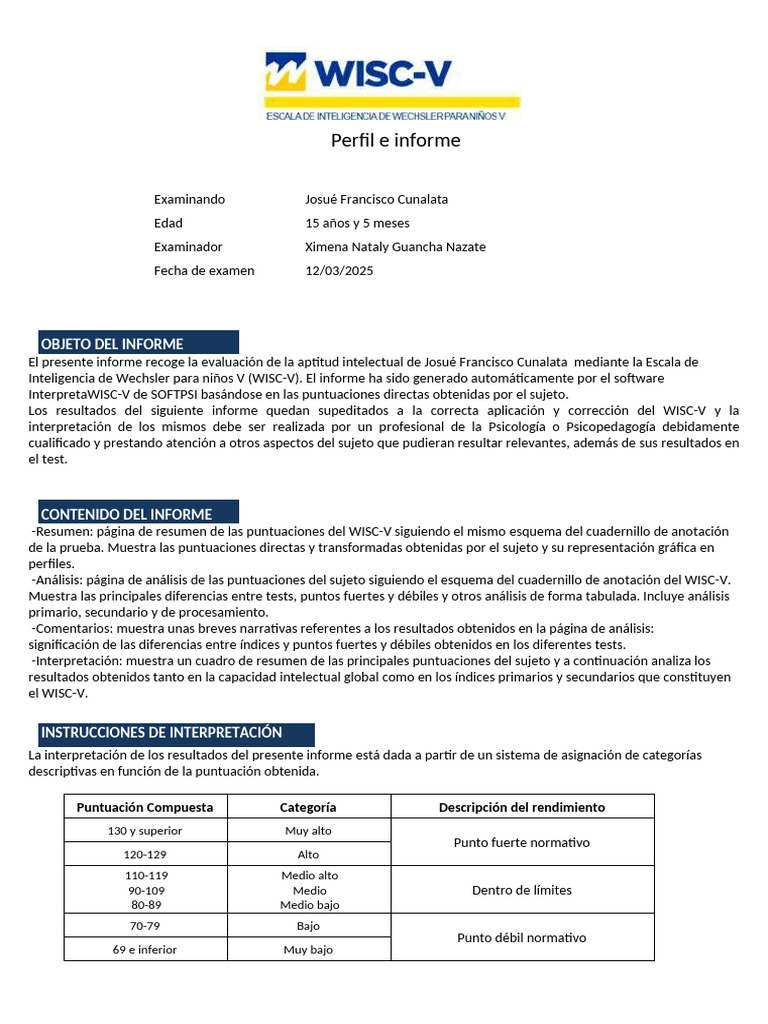 Josué Francisco Cunalata - WISC-V | PDF | Memoria | Memoria de trabajo