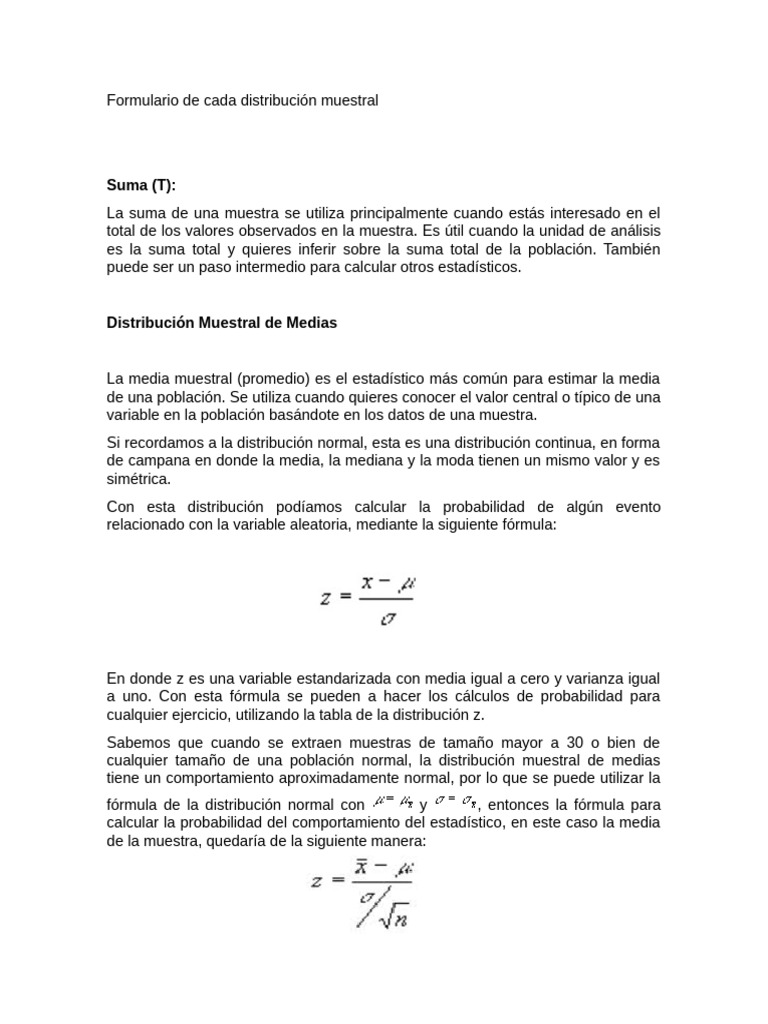 Formulario de Cada Distribucion Muestral | PDF | Media | Muestreo (Estadísticas)
