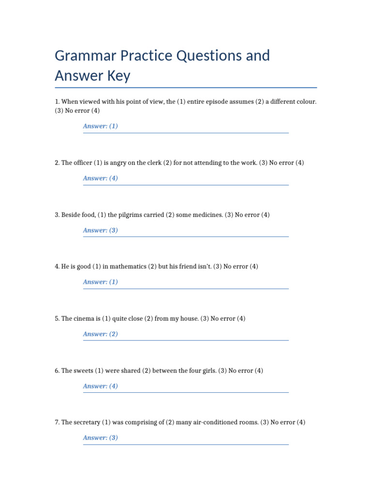 Grammar Practice Questions Answers | PDF