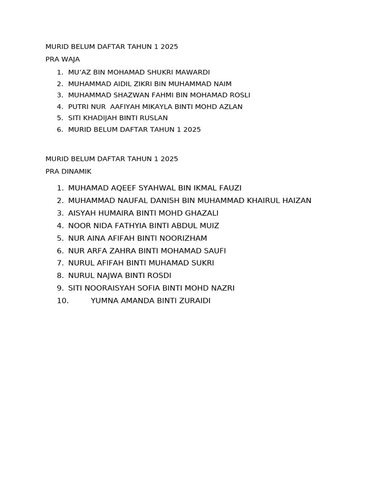 Murid Pra Yang Belum Daftar Tahun 1 2025 | PDF