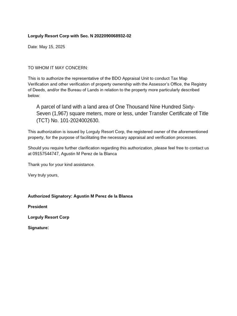 Authorization Letter for Bdo | PDF