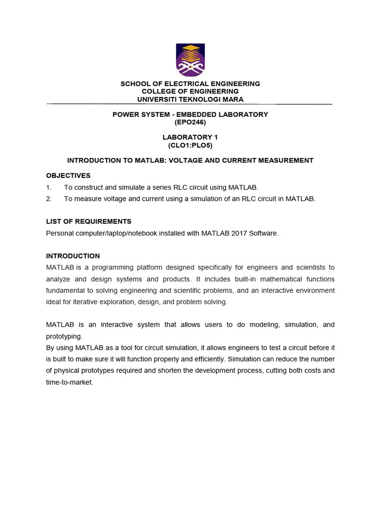 Epo246 Etac Lab 1 - Introduction To Matlab | PDF | Troubleshooting | Matlab
