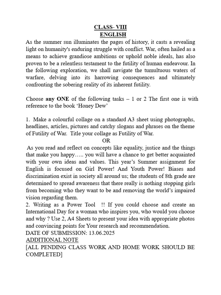 Summer HHW 2025 26 Viii | PDF