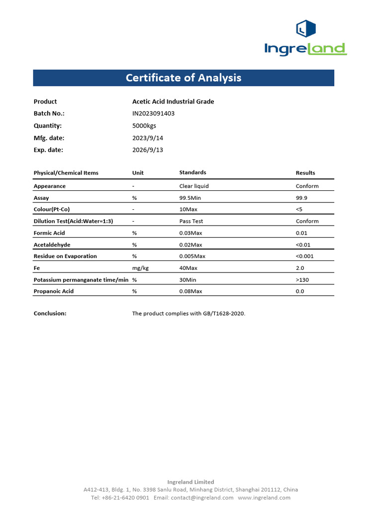 Acetic Acid Industrial Grade Analysis | PDF