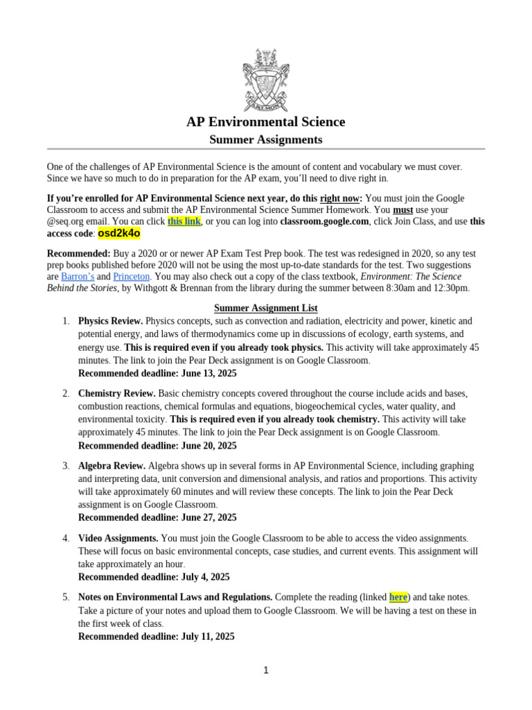 Carlmont APES Summer Homework Live Document | PDF | Chemistry | Vocabulary