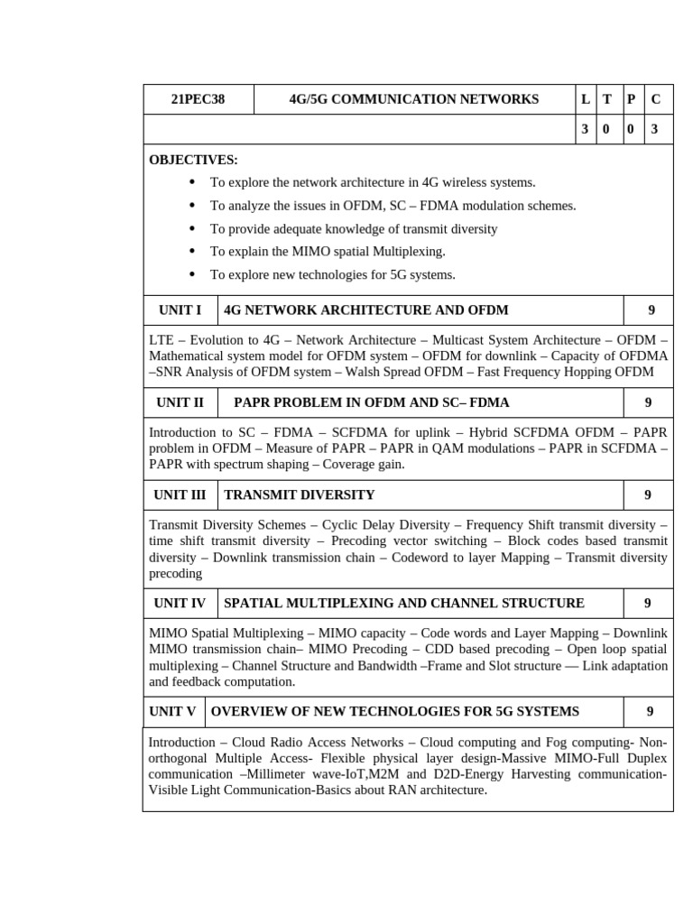 21PEC38 4G5G Communication Network | PDF | Orthogonal Frequency Division Multiplexing | Mimo