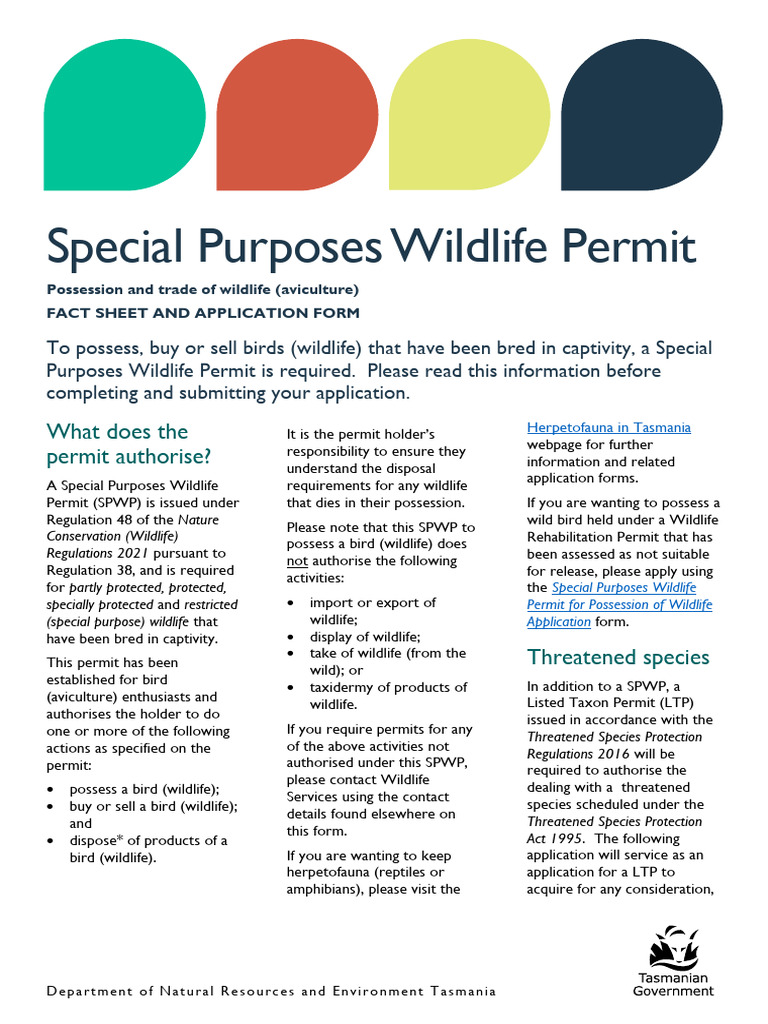 Special Purposes Wildlife Permit for Possession and trade of wildlife ...