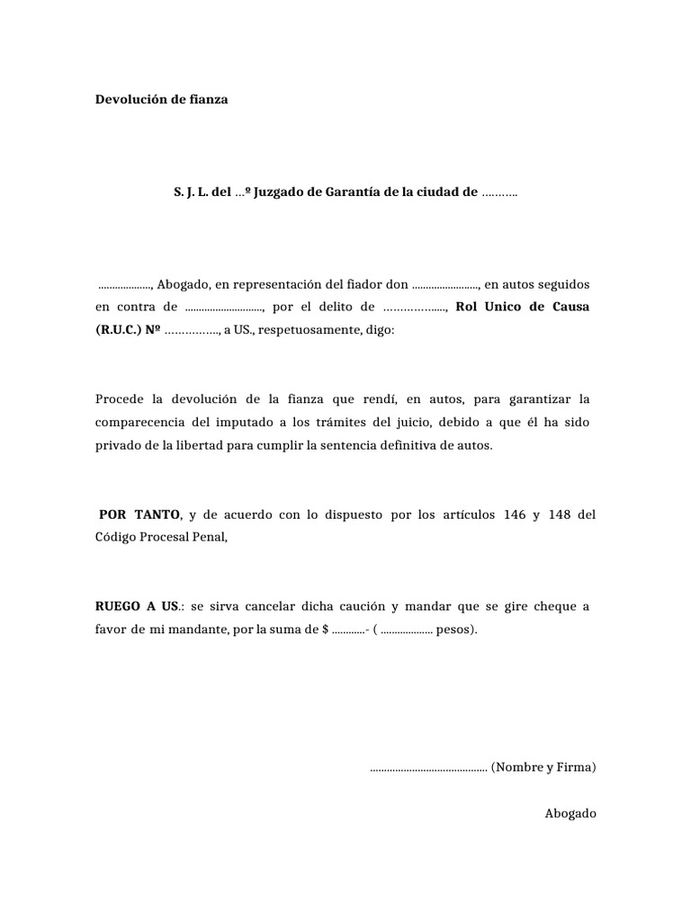 Fianza. Devolucion de Fianza. Solicitud. Escrito | PDF