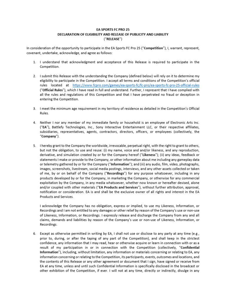 Declaration of Eligibility and Release of Publicity and Liability FC Pro 25 | PDF | Indemnity ...