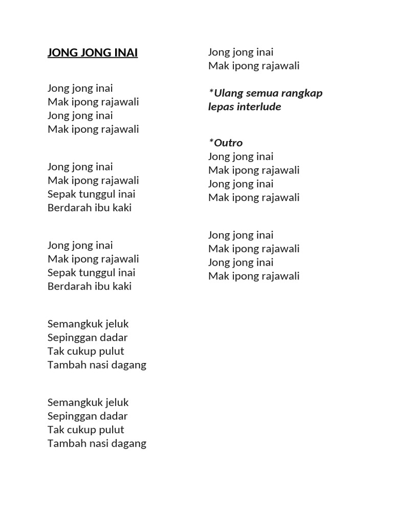 Lirik Lagu Jong Jong Inai | PDF