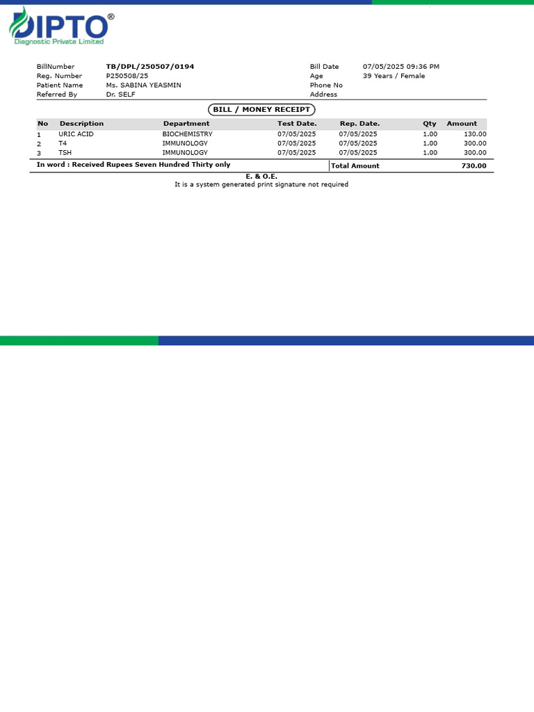 Patient Bill Receipt for Lab Tests | PDF