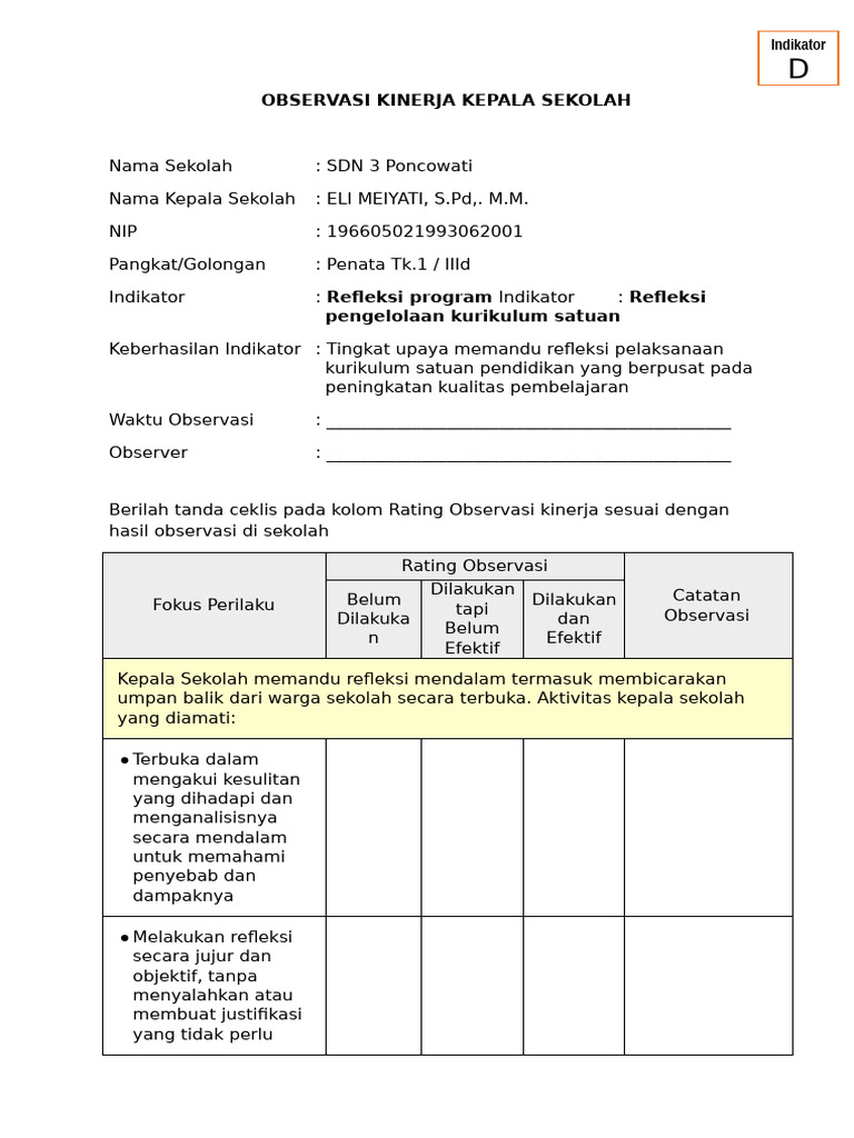 D - Lembar Observasi Kinerja KS Oleh Tim Kinerja (Refleksi Pengelolaan Kurikulum) TBB | PDF