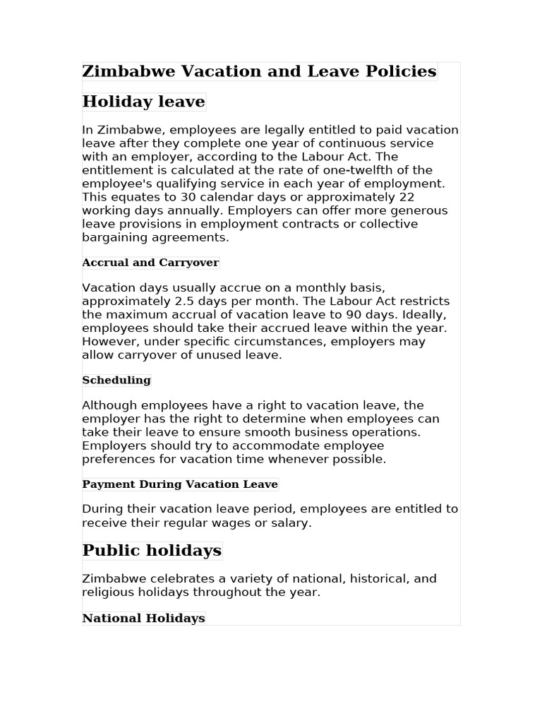Zimbabwe Vacation and Leave Policies | PDF | Employment | Easter