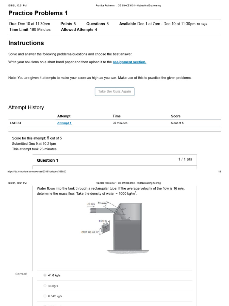 Practice Problems 1 - Hydraulics Engineering | PDF | Dynamics (Mechanics) | Fluid Mechanics