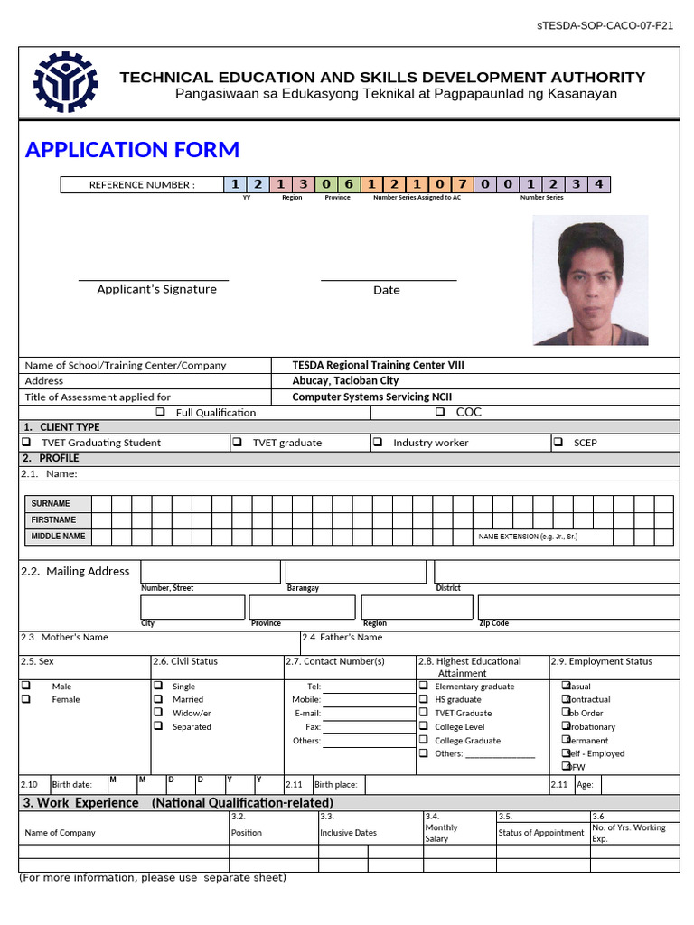 TESDA Application Form for Assessment | PDF