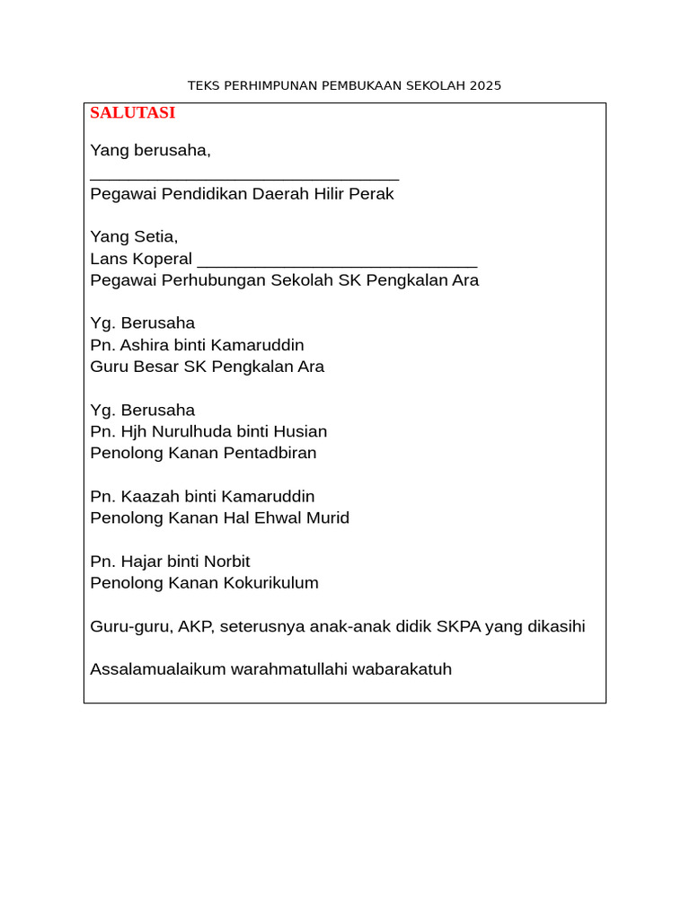 Teks Perhimpunan Pembukaan Sekolah 2025 | PDF