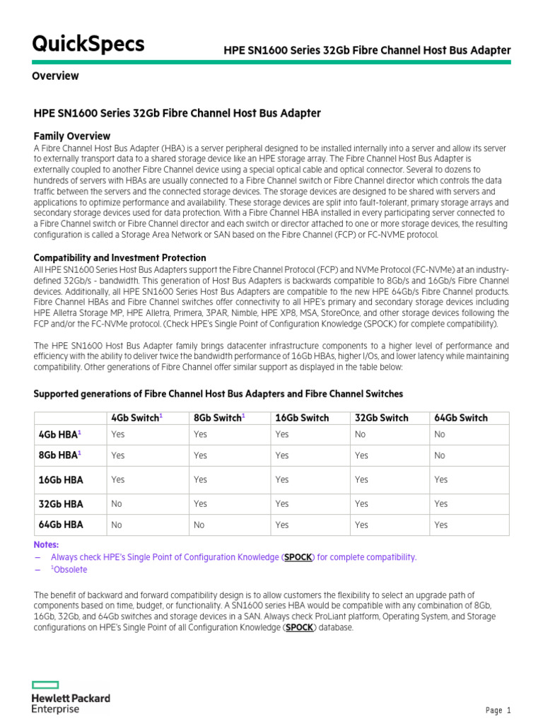 HPE SN1600 Series 32Gb Fibre Channel Host Bus Adapter-C05205227 | PDF ...