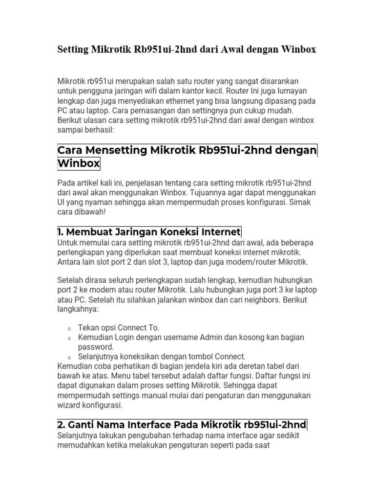 Setting Mikrotik Rb951ui-2hnd Dari Awal Dengan Winbox | PDF
