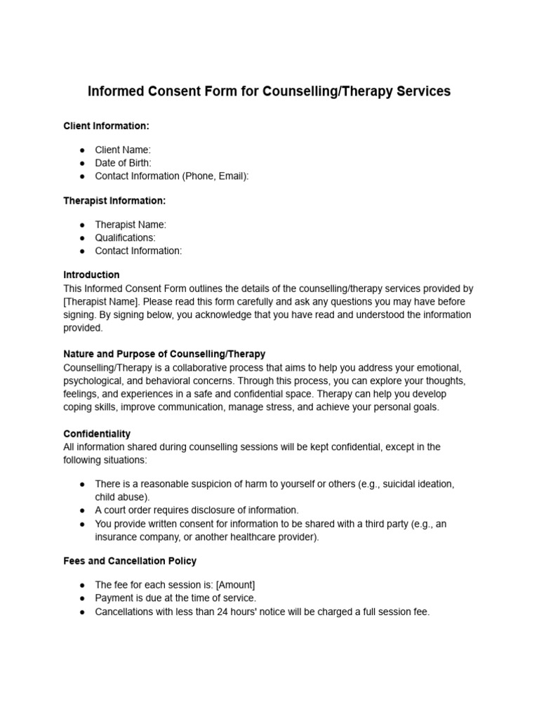 Informed Consent Form for Counselling_Therapy Services (1) | PDF ...