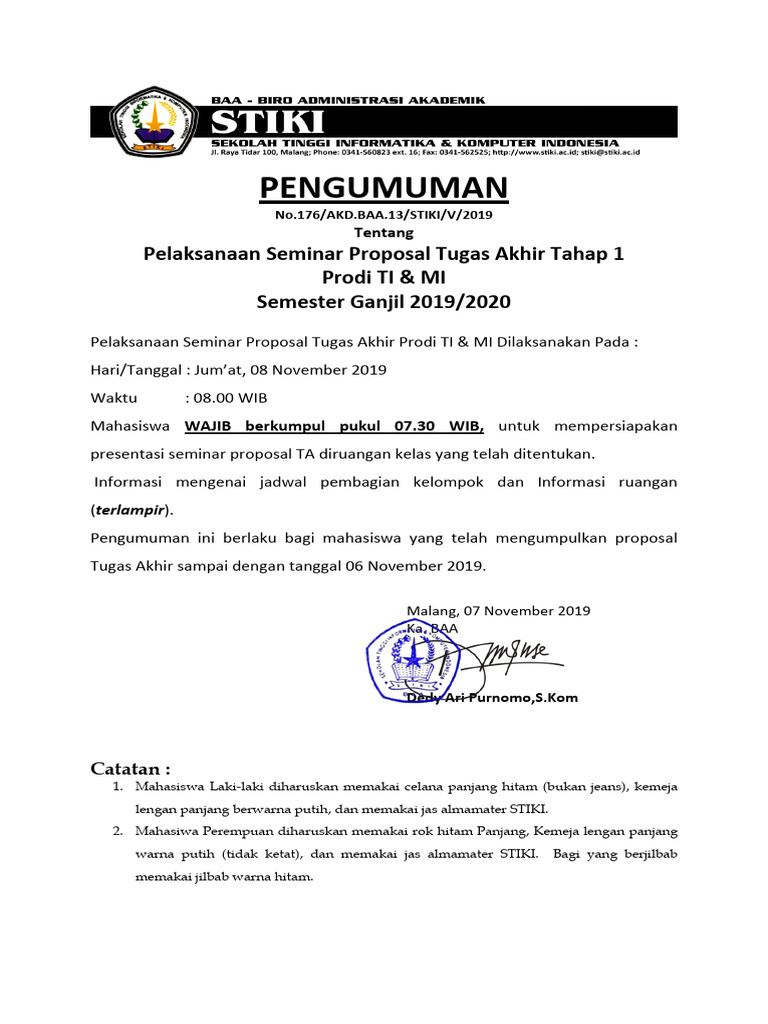 PENGUMUMAN PELAKSANAAN SEMPRO TAHAP 1 SMT. GANJIL 2019-2020 | PDF