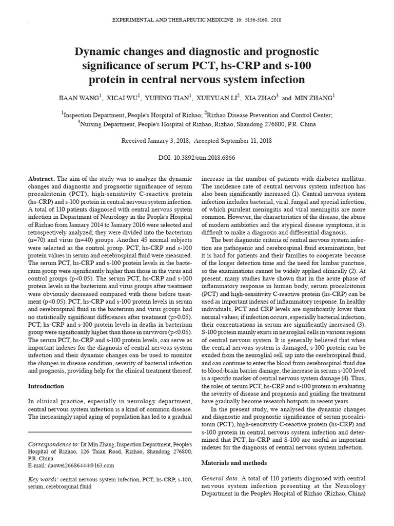 Serum Biomarkers in CNS Infections | PDF | Infection | Sensitivity And ...