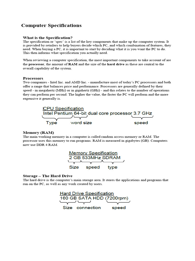 Essential Computer Specifications Guide | PDF | Personal Computers ...