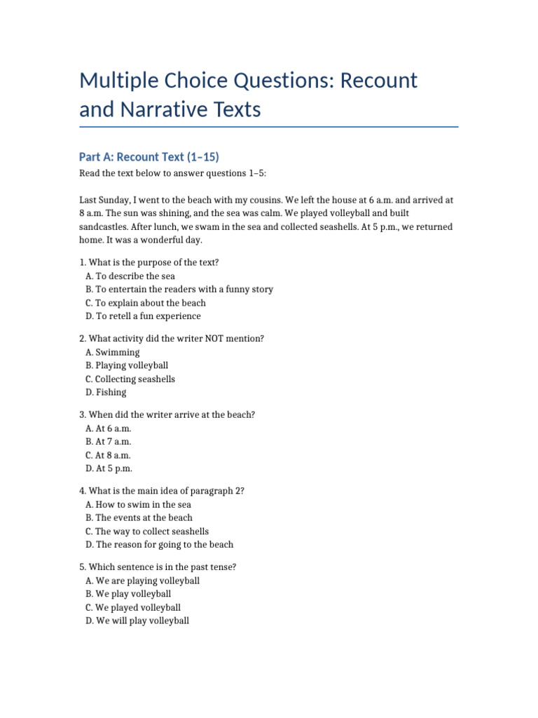 Recount and Narrative Text Quiz | PDF | Verb | Grammatical Tense