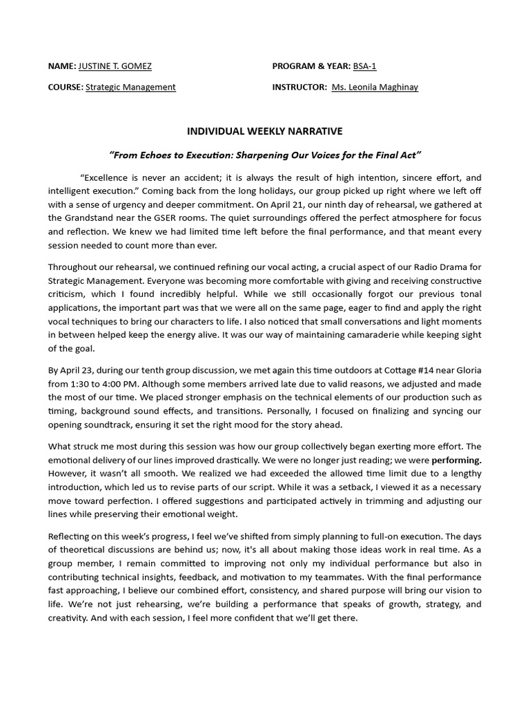 Individual Weekly Narrative April 21 25, 2025 | PDF