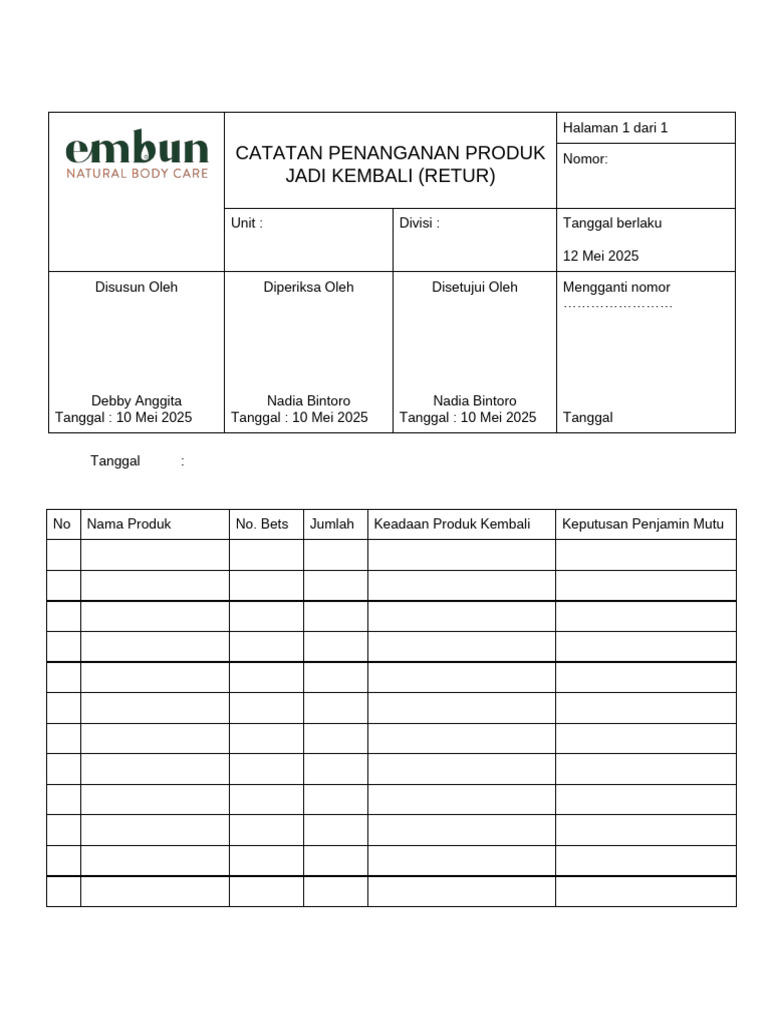 Catatan Penanganan Produk Jadi Kembali (Retur) | PDF