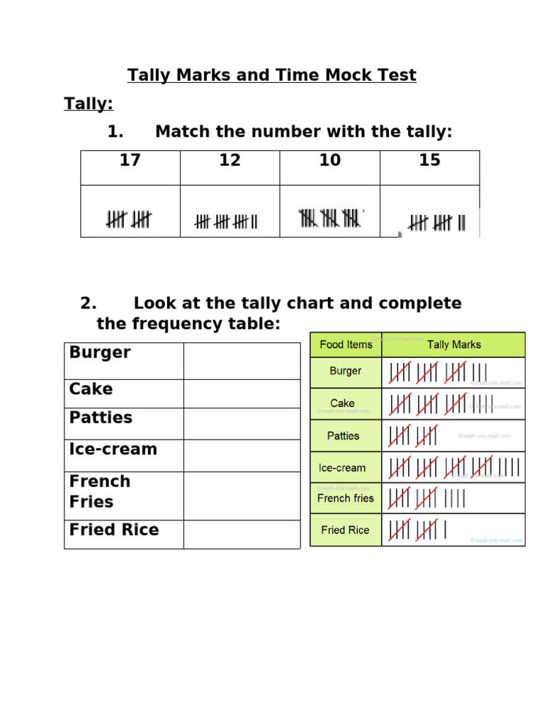 Tally Marks and Time Mock Test - Unit 7 - 8 | PDF