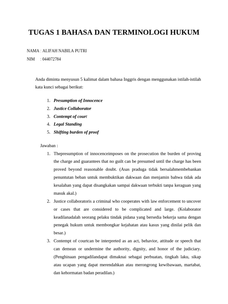 Tugas 1 - Bahasa Dan Terminologi Hukum 70 - Alifah Nabila Putri | PDF