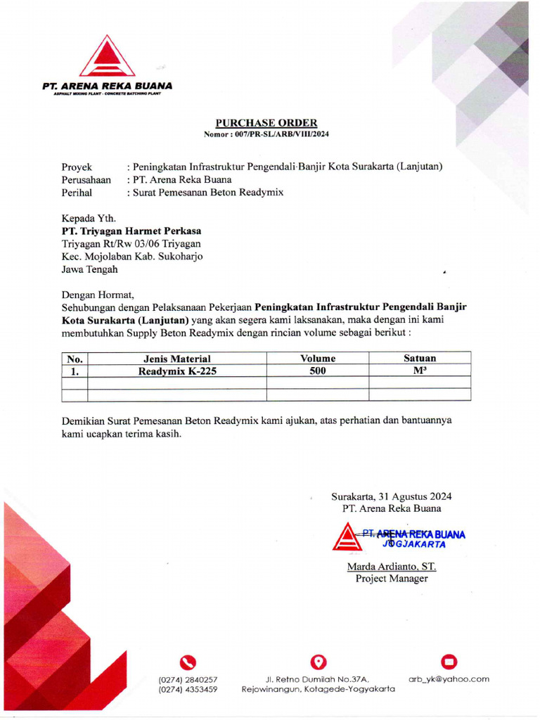 PO Beton Readymix PT. Triyagan Harmet Perkasa | PDF