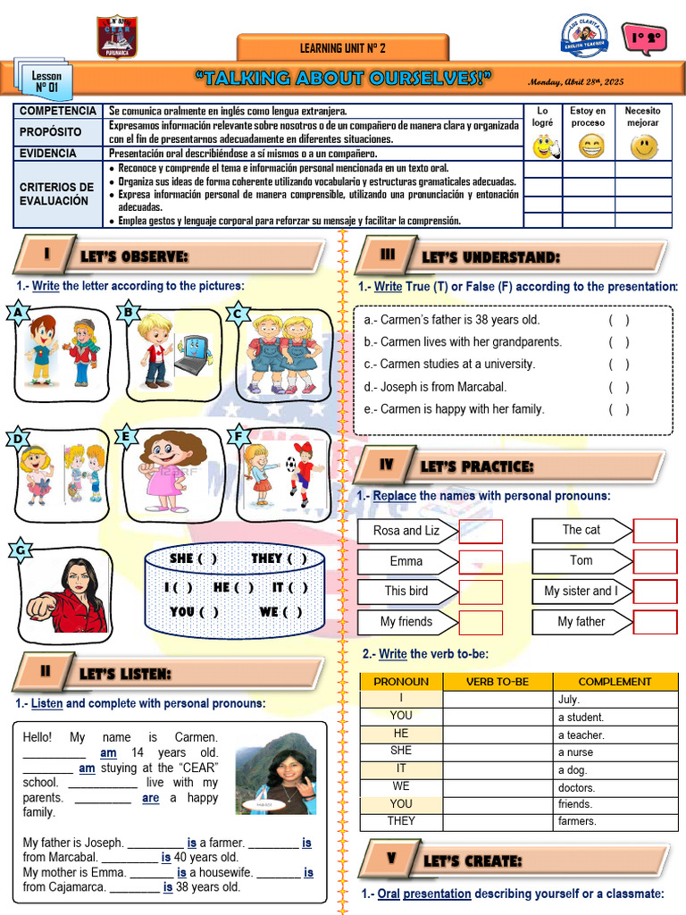 1° 2° Ficha de Actividades Week #01 UNIT 2 | PDF | Lingüística | Comunicación humana