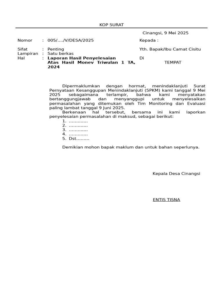 Contoh Surat LHP Kades Cek Dini | PDF