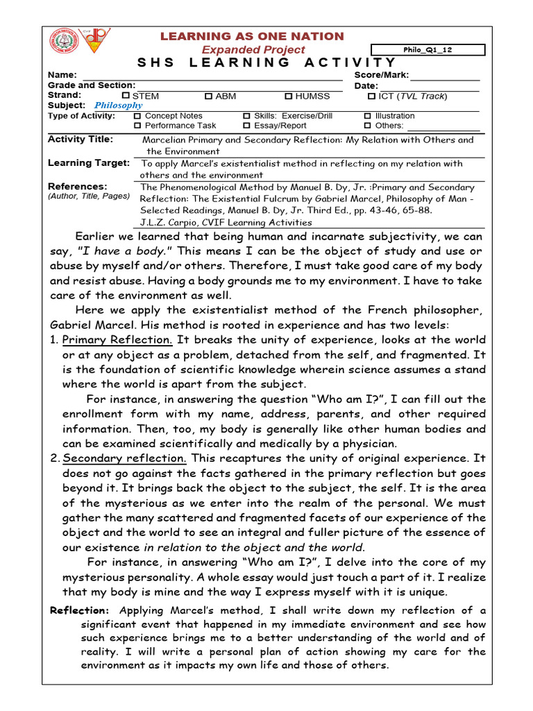 Intro to Philo LAS 12 Marcelian Reflection_I and the Environment | PDF | Existentialism | Experience