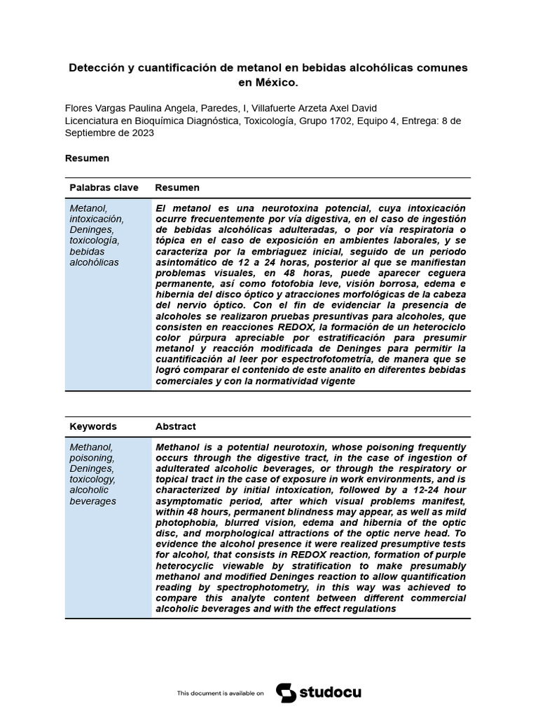 Práctica 1 Determinación de Met OH en bebidas alcohólicas | PDF ...
